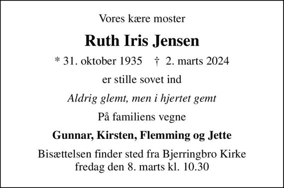 Ruth Iris Jensen | Dødsannoncer i Danmark