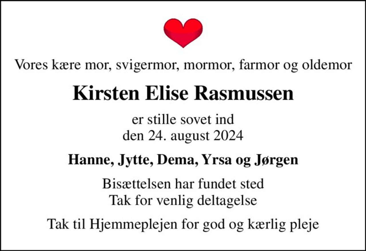 Kirsten Elise Rasmussen | Danmarks største medie for mindesider og ...