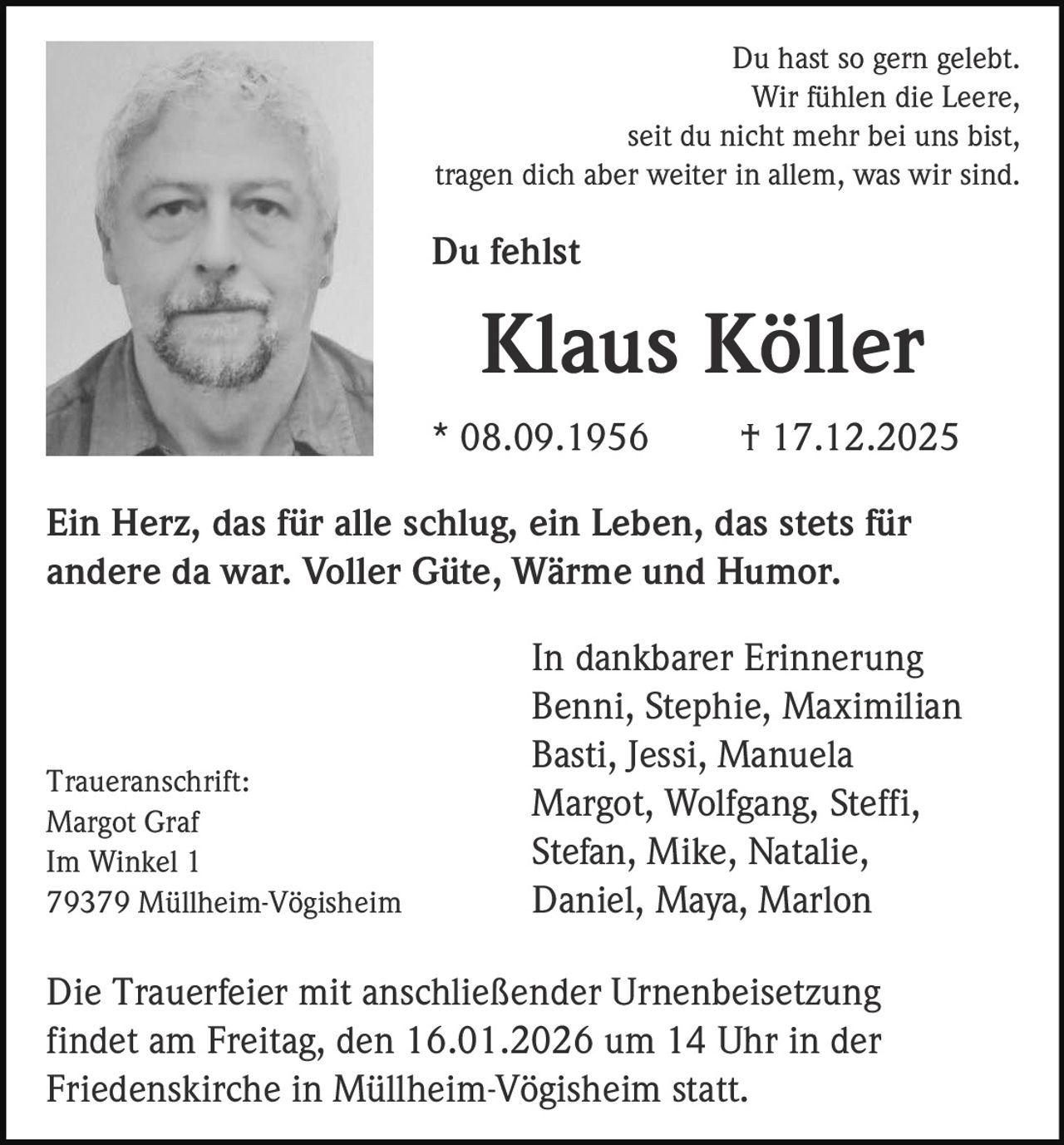 Klaus Köller | Traueranzeigen, Nachrufe & Danksagungen auf BZtrauer.de