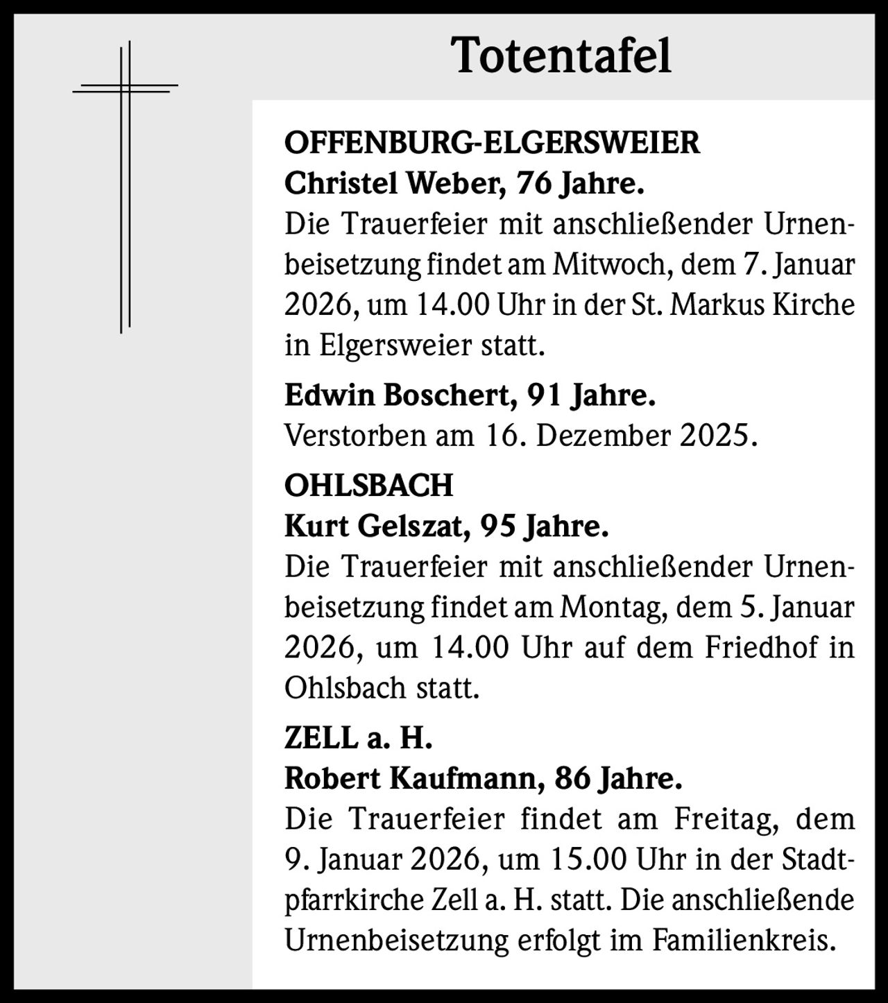 Totentafel | Traueranzeigen, Nachrufe & Danksagungen auf BZtrauer.de