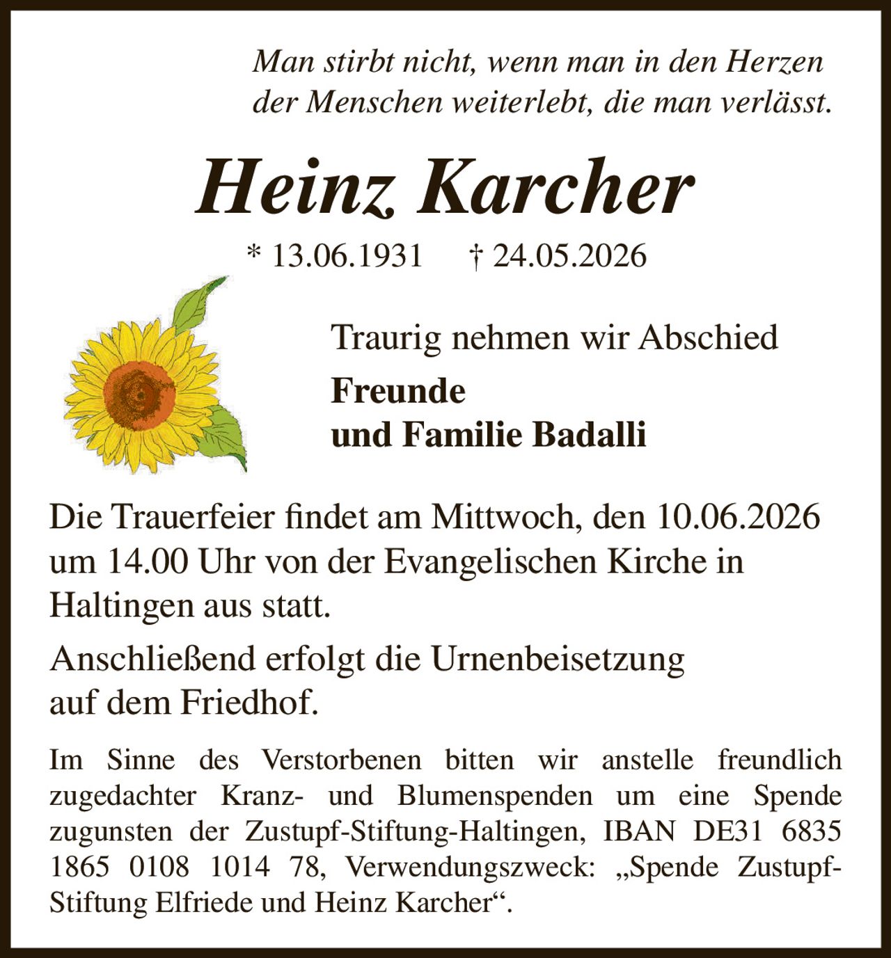 Heinz Karcher | Traueranzeigen, Nachrufe & Danksagungen auf BZtrauer.de