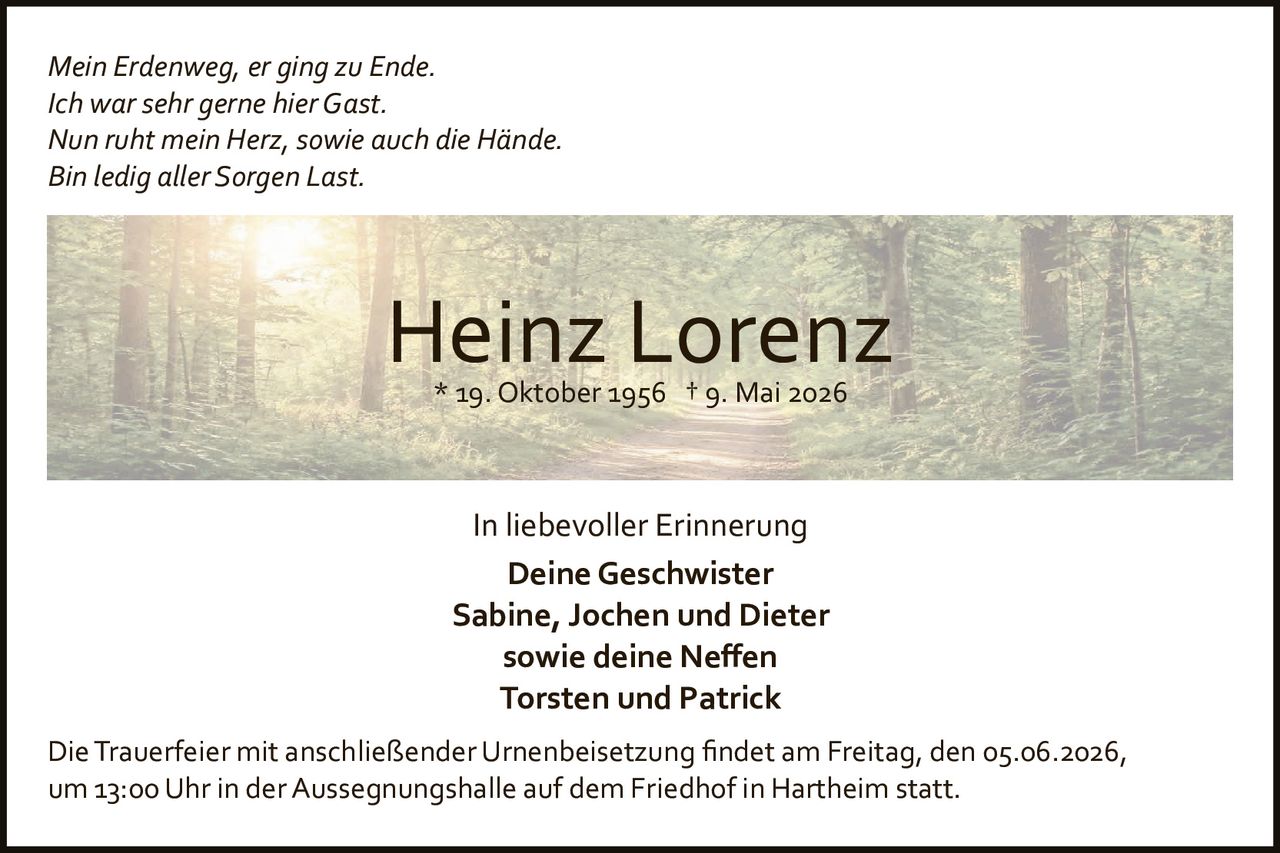 Heinz Lorenz | Traueranzeigen, Nachrufe & Danksagungen auf BZtrauer.de