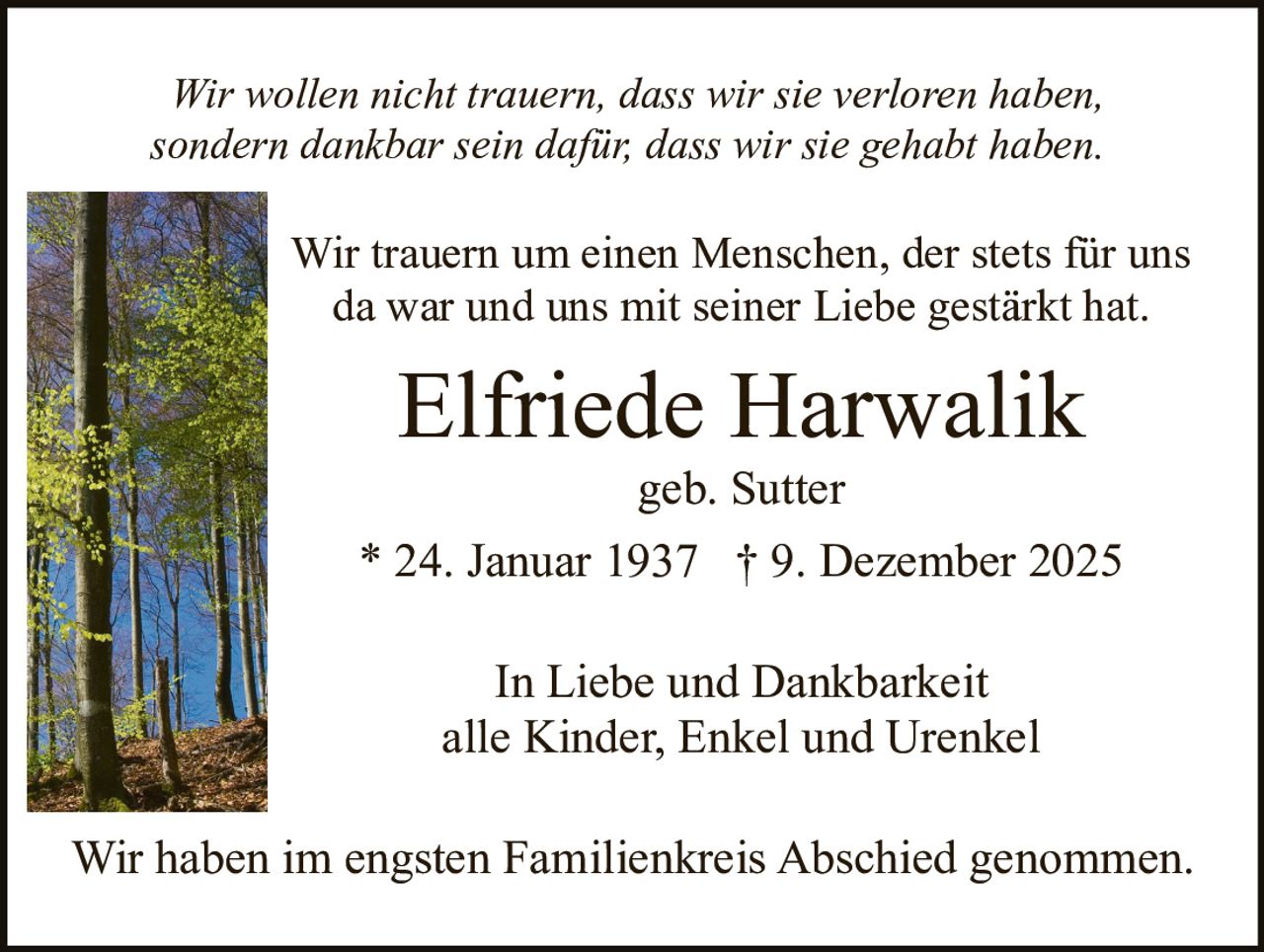 Elfriede Harwalik | Traueranzeigen, Nachrufe & Danksagungen auf BZtrauer.de