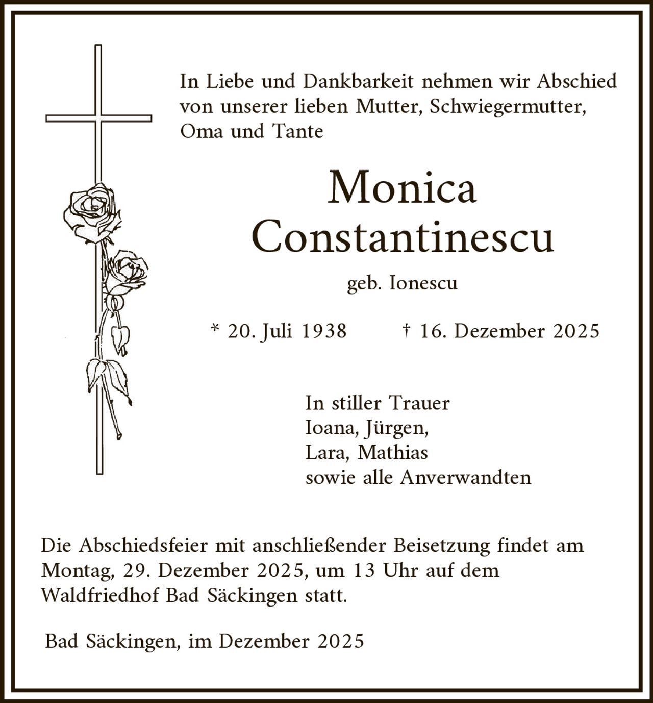 Monica Constantinescu | Traueranzeigen, Nachrufe & Danksagungen auf BZtrauer.de