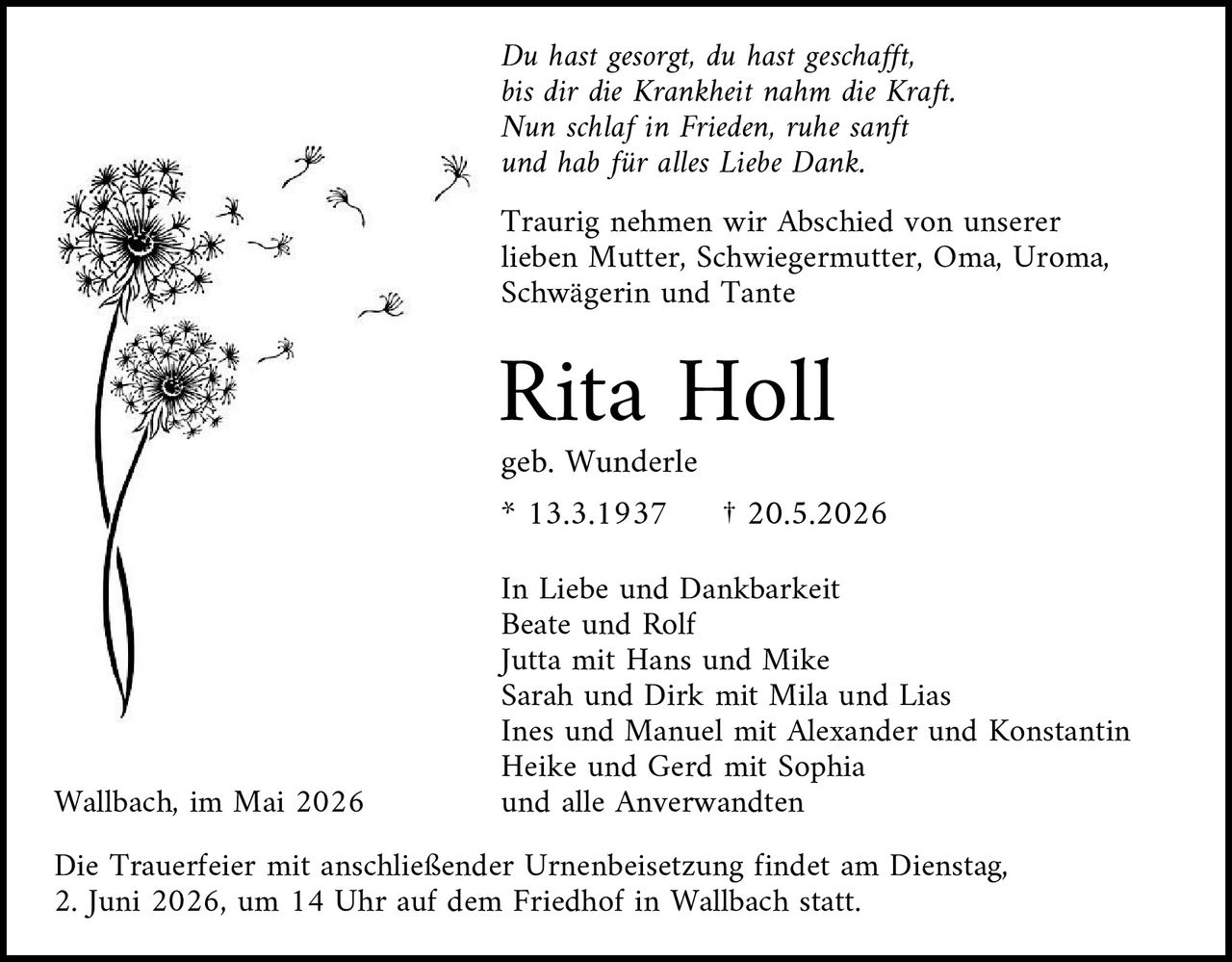 Rita Holl | Traueranzeigen, Nachrufe & Danksagungen auf BZtrauer.de