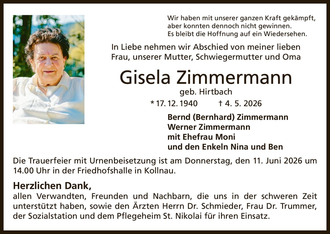 Giesela Zimmermann | Traueranzeigen, Nachrufe & Danksagungen auf ...