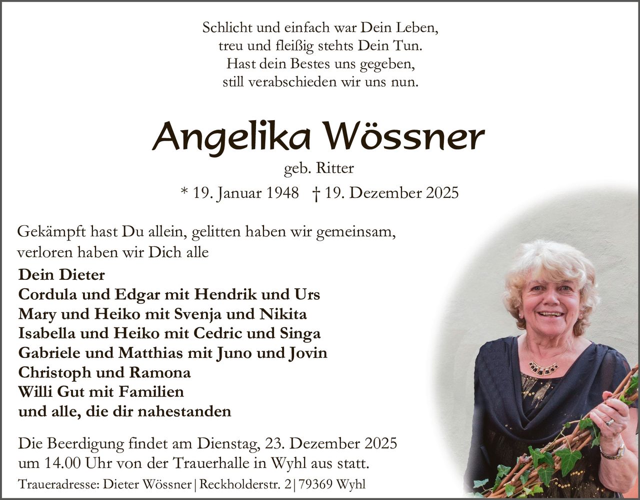 Angelika Wössner | Traueranzeigen, Nachrufe & Danksagungen auf BZtrauer.de