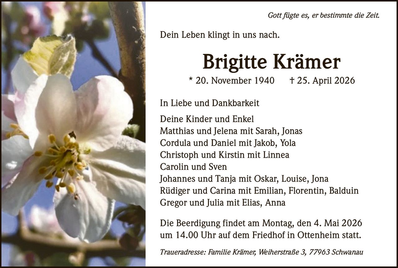 Brigitte Krämer | Traueranzeigen, Nachrufe & Danksagungen auf BZtrauer.de