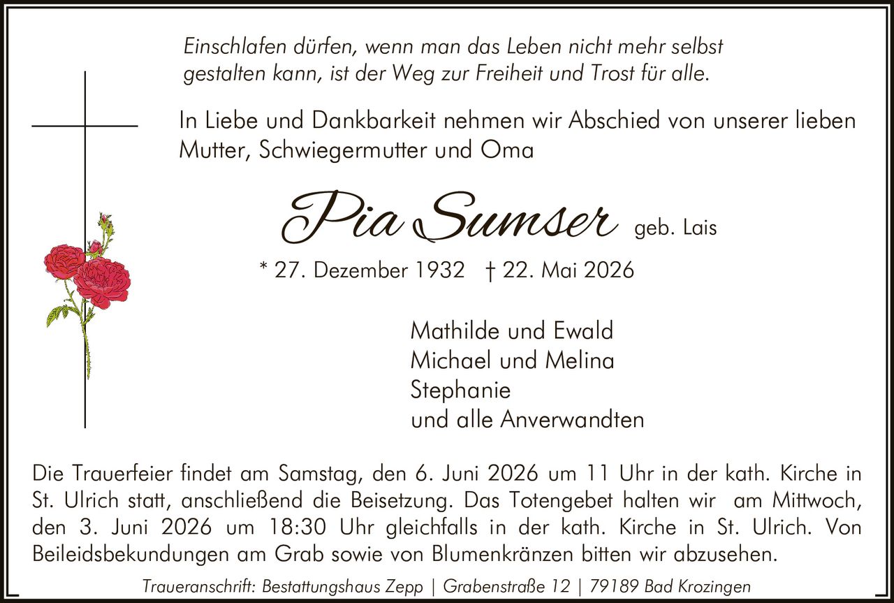 Pia Sumser | Traueranzeigen, Nachrufe & Danksagungen auf BZtrauer.de
