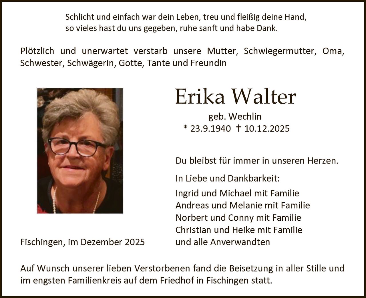 Erika Walter | Traueranzeigen, Nachrufe & Danksagungen auf BZtrauer.de