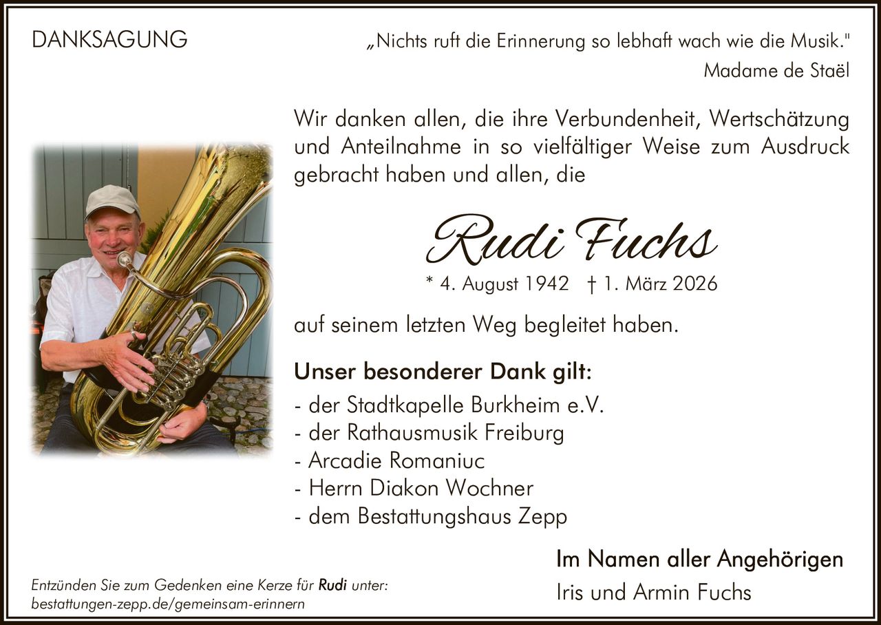 Rudolf Fuchs | Traueranzeigen, Nachrufe & Danksagungen auf BZtrauer.de