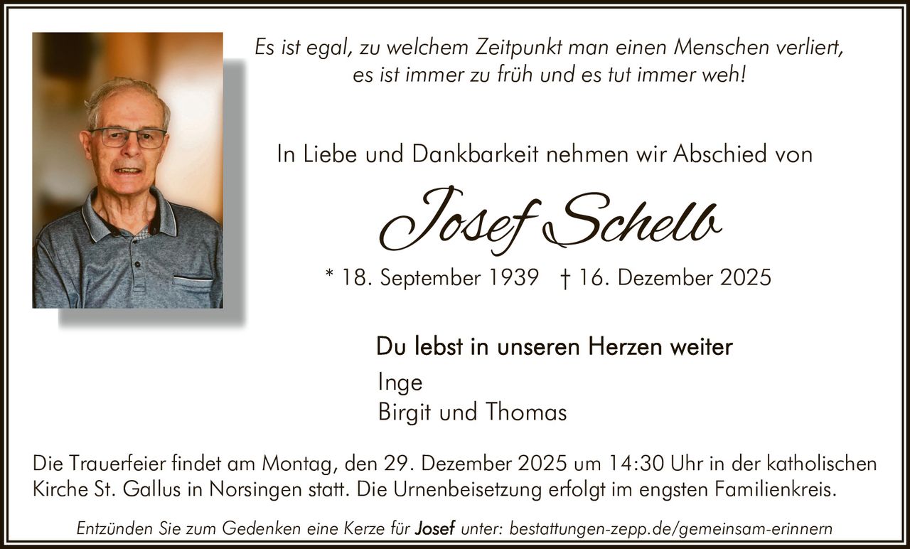 Josef Schelb | Traueranzeigen, Nachrufe & Danksagungen auf BZtrauer.de