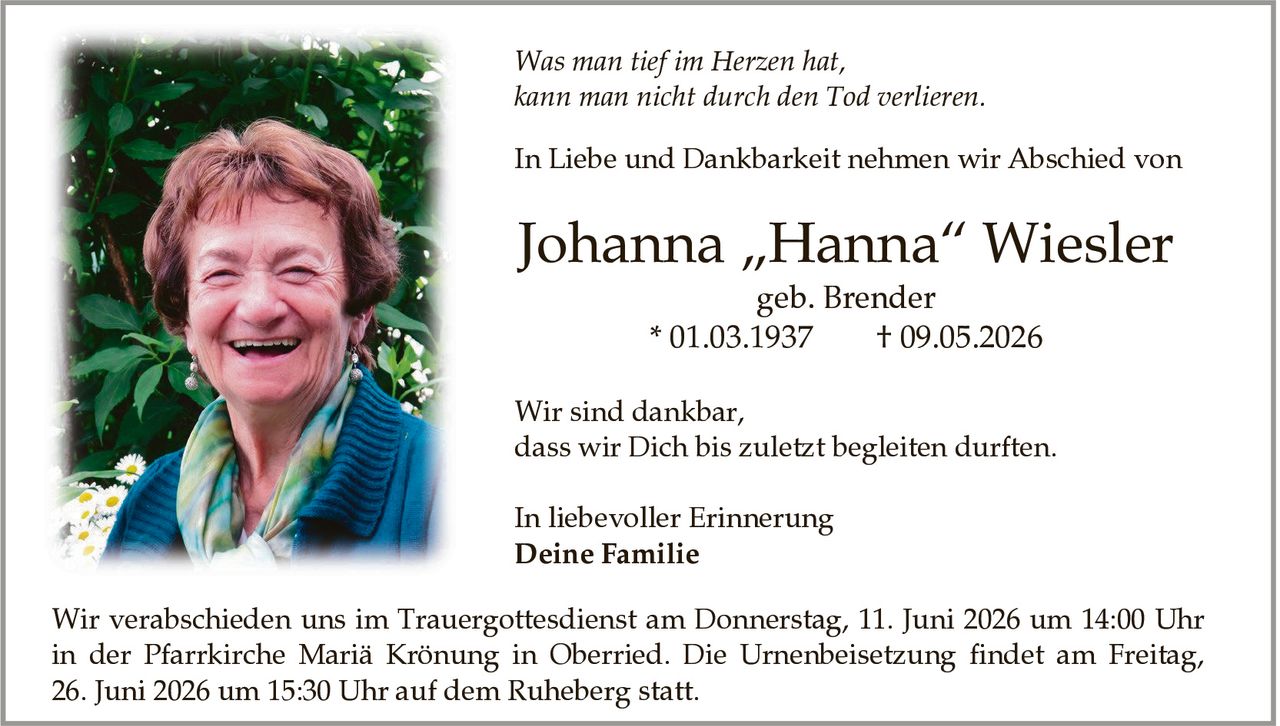 Johanna Wiesler | Traueranzeigen, Nachrufe & Danksagungen auf BZtrauer.de