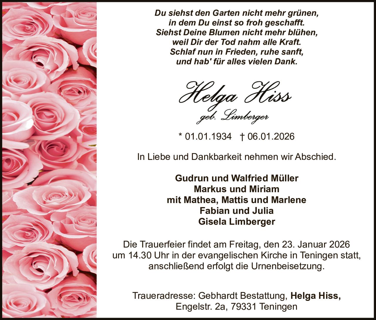 Helga Hiss | Traueranzeigen, Nachrufe & Danksagungen auf BZtrauer.de