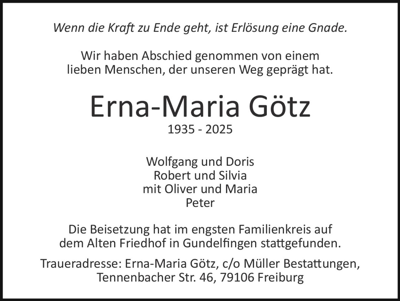 Erna Maria Götz | Traueranzeigen, Nachrufe & Danksagungen auf BZtrauer.de