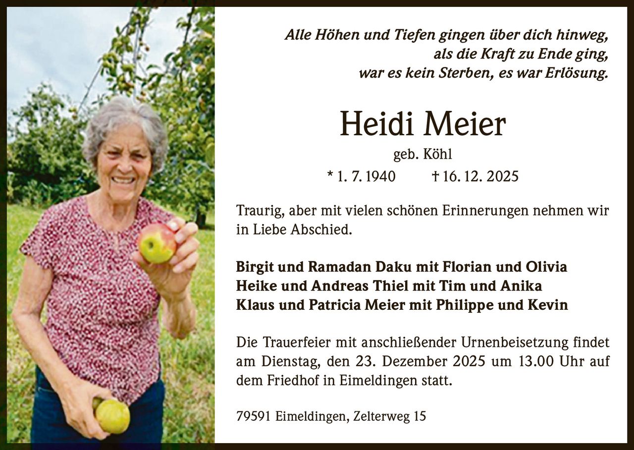 Heidi Meier | Traueranzeigen, Nachrufe & Danksagungen auf BZtrauer.de