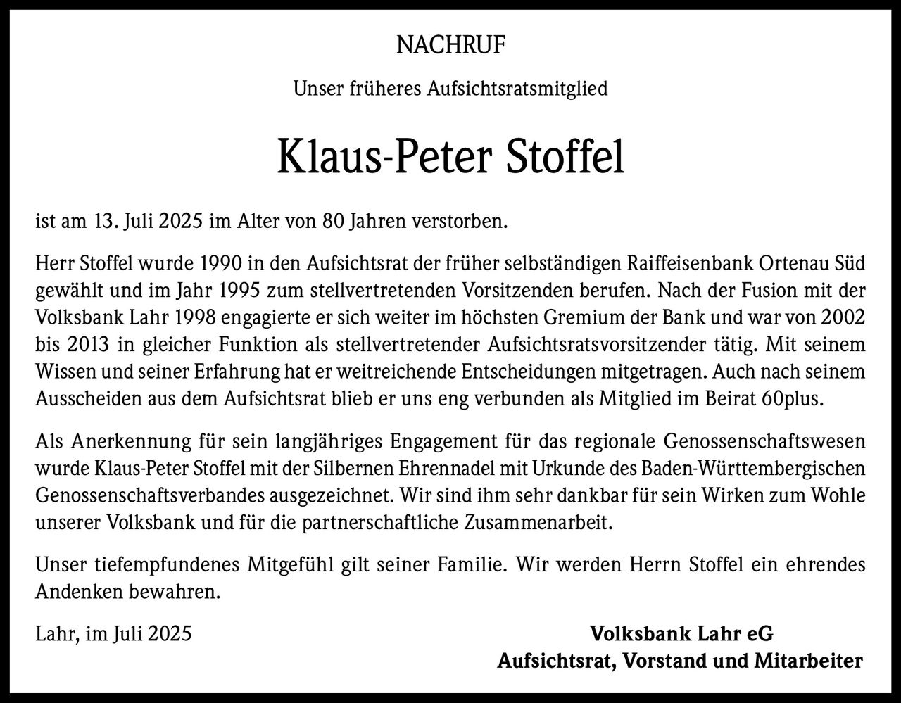 Klaus-Peter Stoffel | Traueranzeigen, Nachrufe & Danksagungen auf ...