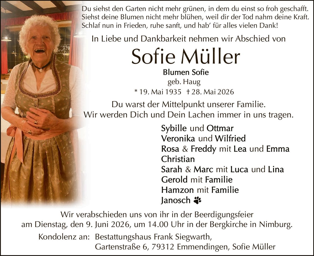 Sofie Müller | Traueranzeigen, Nachrufe & Danksagungen auf BZtrauer.de