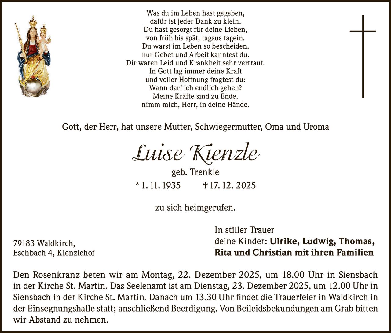 Luise Kienzle | Traueranzeigen, Nachrufe & Danksagungen auf BZtrauer.de