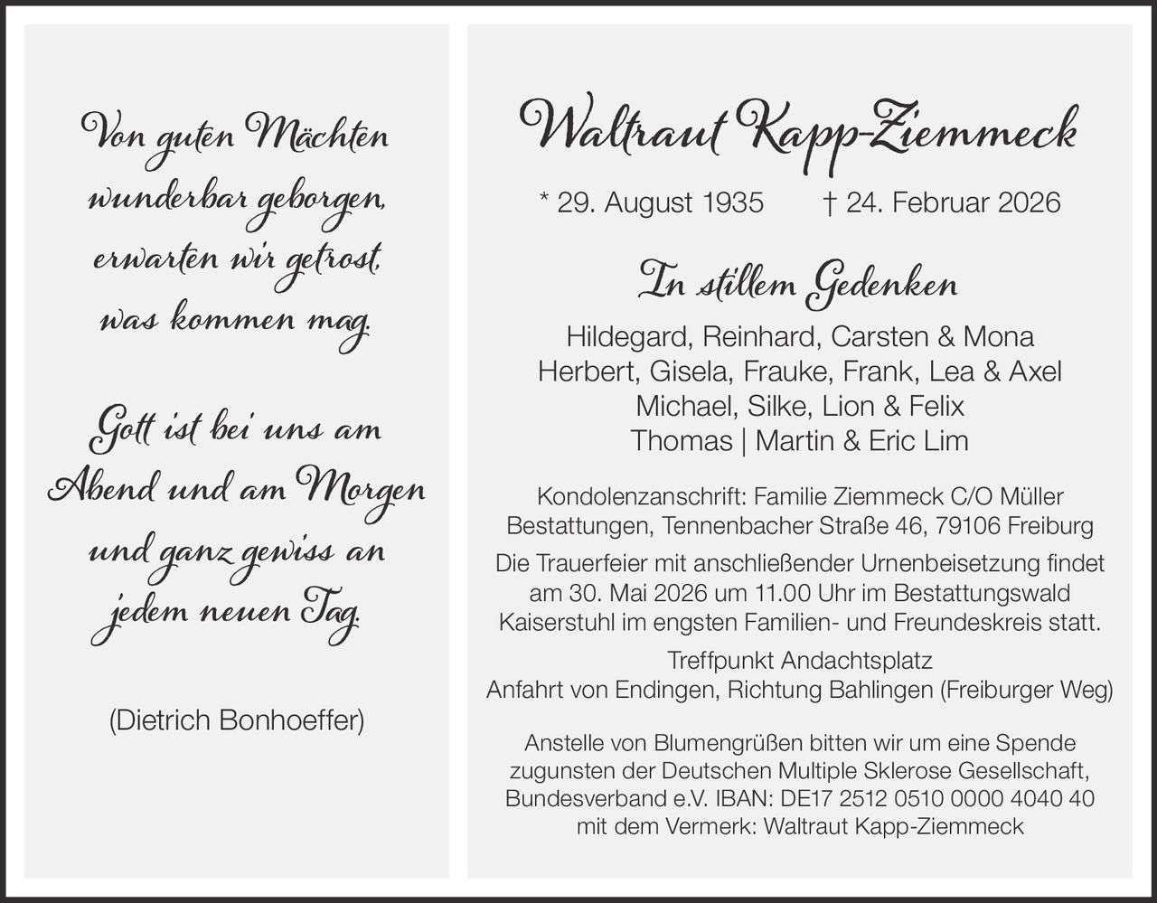 Waltraut Kapp-Ziemmeck | Traueranzeigen, Nachrufe & Danksagungen auf ...