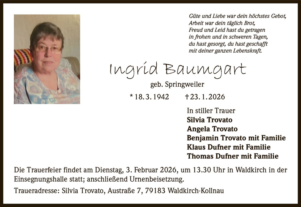 Baumgart Ingrid | Traueranzeigen, Nachrufe & Danksagungen auf BZtrauer.de