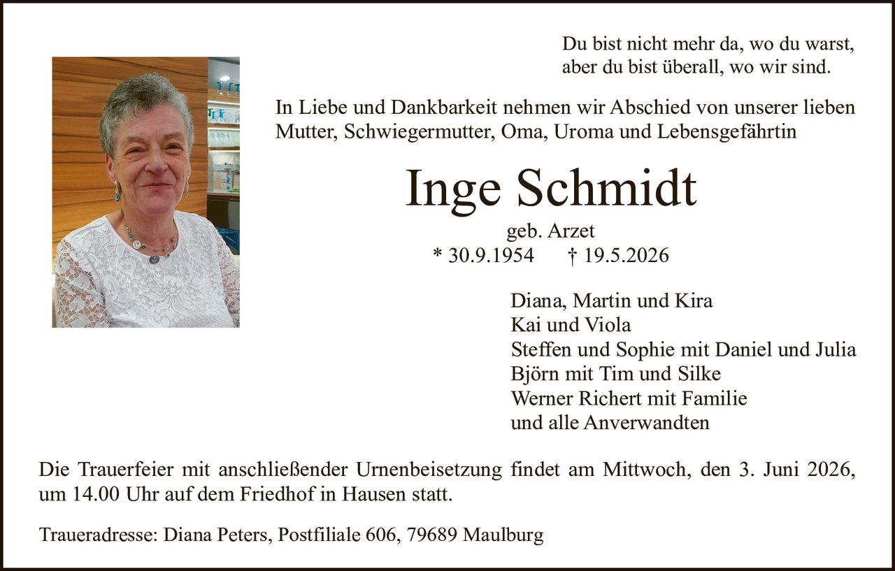 Inge Schmidt | Traueranzeigen, Nachrufe & Danksagungen auf BZtrauer.de