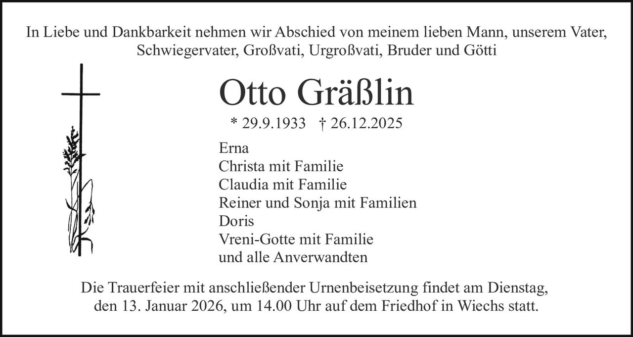 Otto Gräßlin | Traueranzeigen, Nachrufe & Danksagungen auf BZtrauer.de