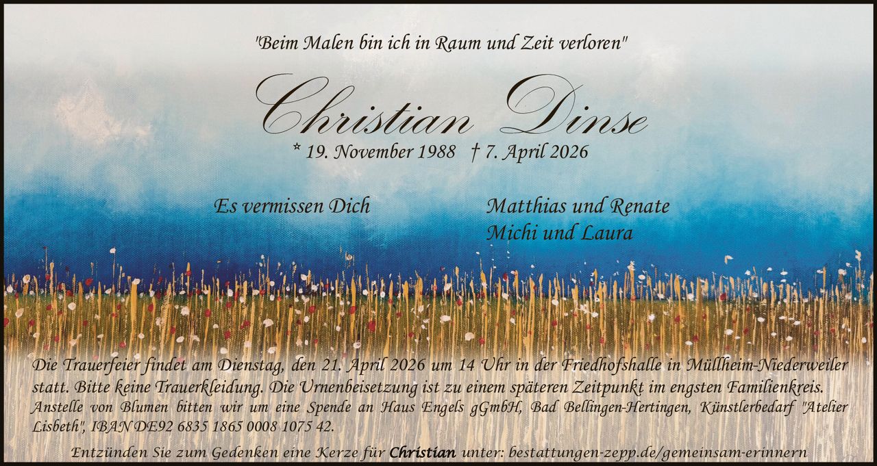 Christian Dinse | Traueranzeigen, Nachrufe & Danksagungen auf BZtrauer.de