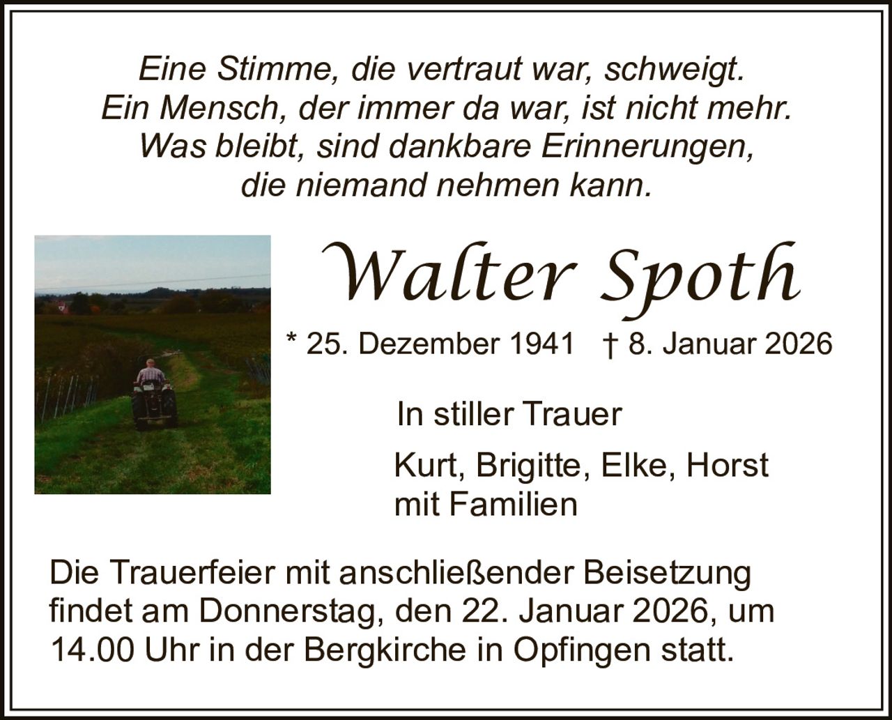 Walter Spoth | Traueranzeigen, Nachrufe & Danksagungen auf BZtrauer.de
