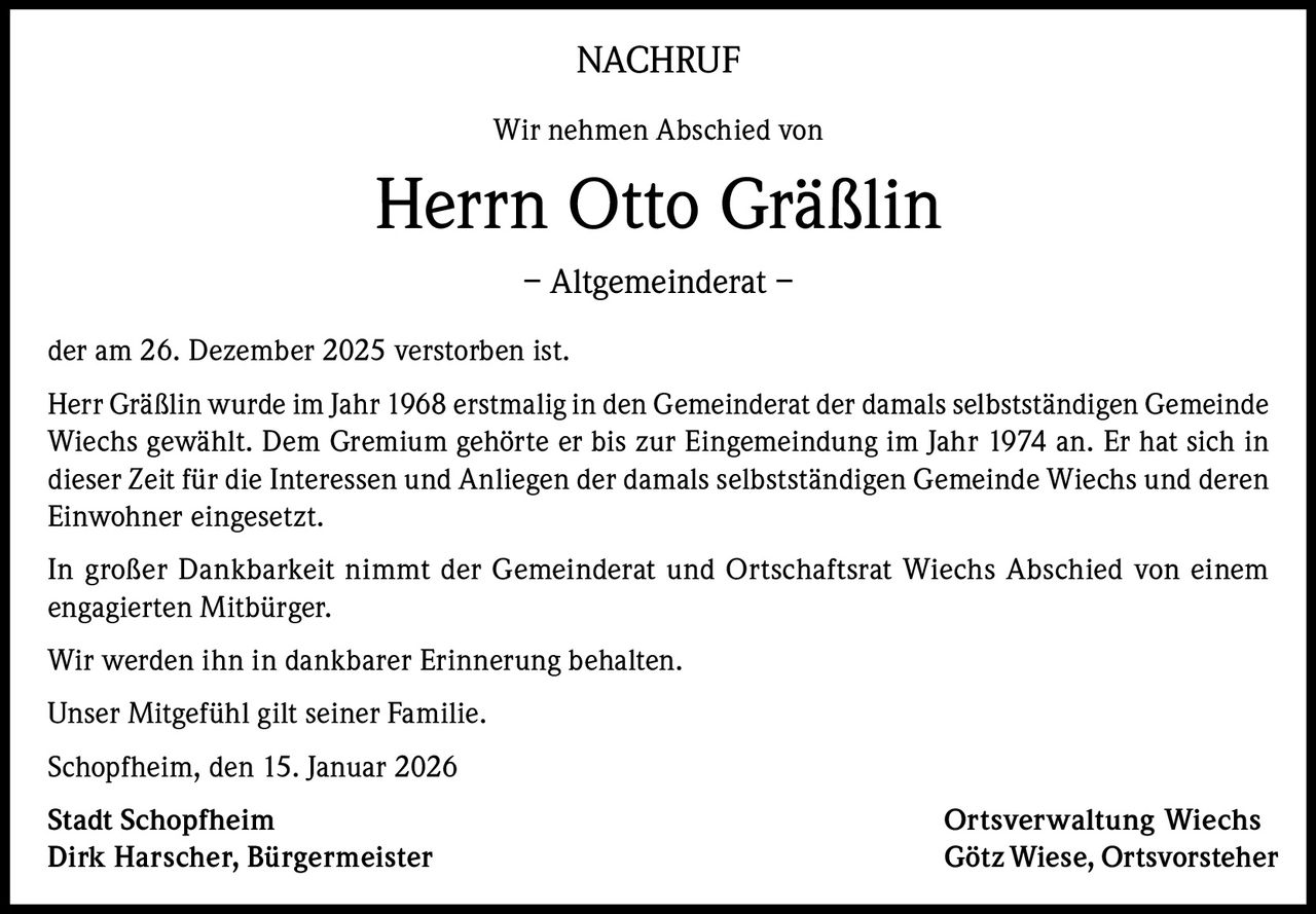 Otto Gräßlin | Traueranzeigen, Nachrufe & Danksagungen auf BZtrauer.de