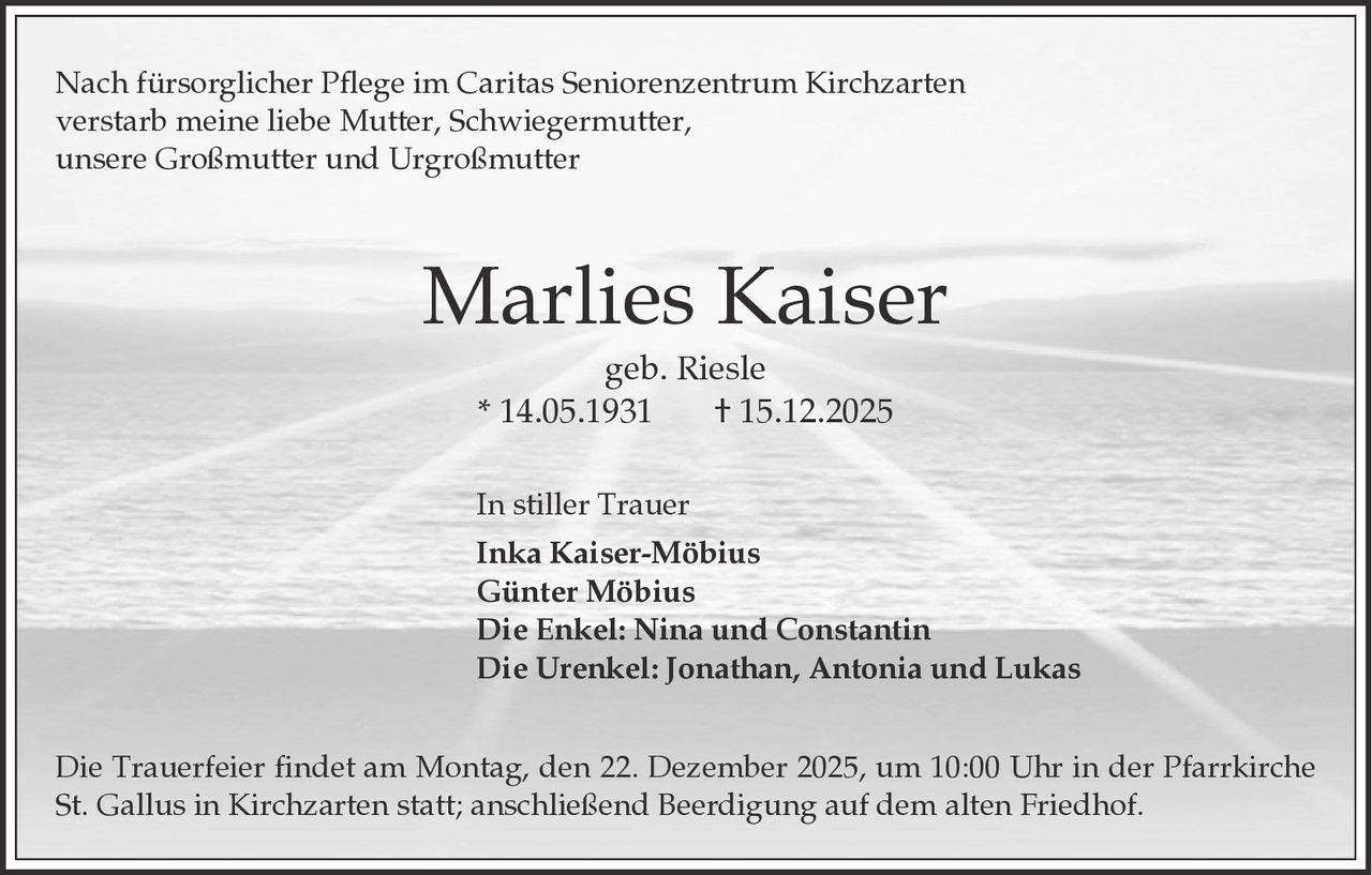Marlies Kaiser | Traueranzeigen, Nachrufe & Danksagungen auf BZtrauer.de