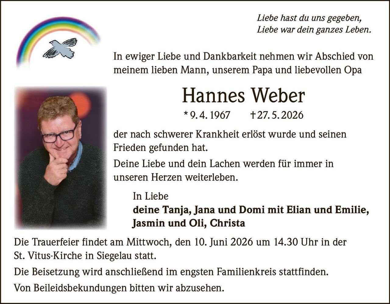 Hannes Weber | Traueranzeigen, Nachrufe & Danksagungen auf BZtrauer.de