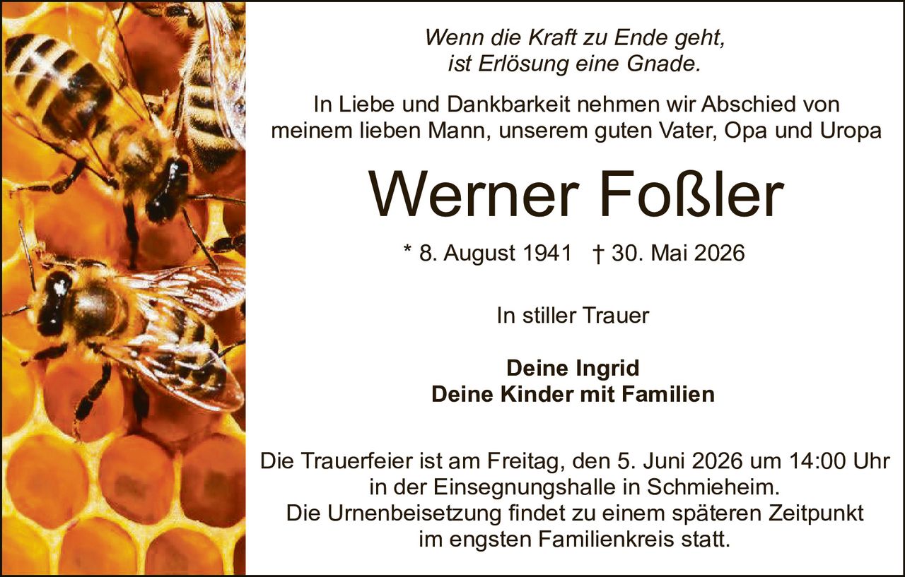 Werner Foßler | Traueranzeigen, Nachrufe & Danksagungen auf BZtrauer.de