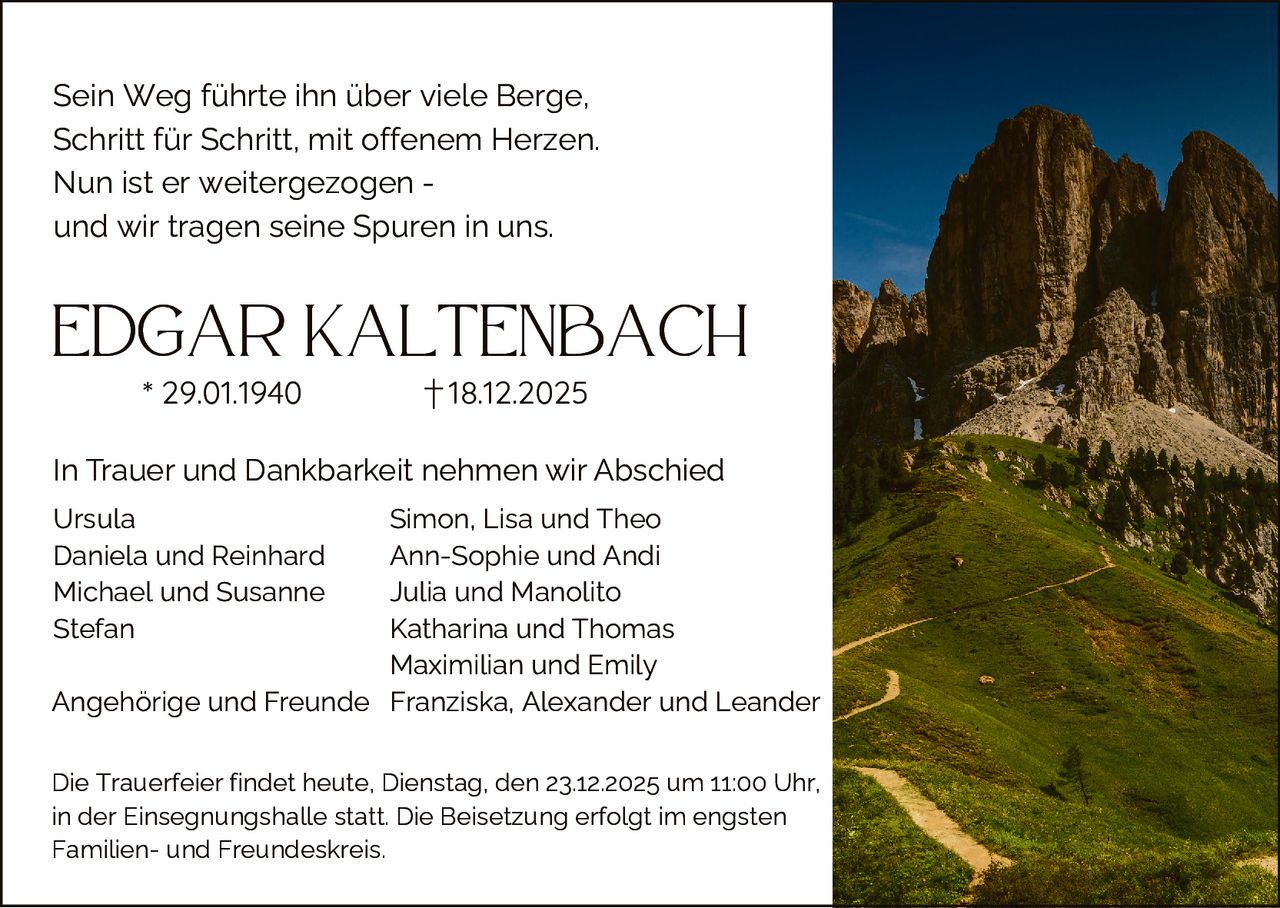 Edgar Kaltenbach | Traueranzeigen, Nachrufe & Danksagungen auf BZtrauer.de