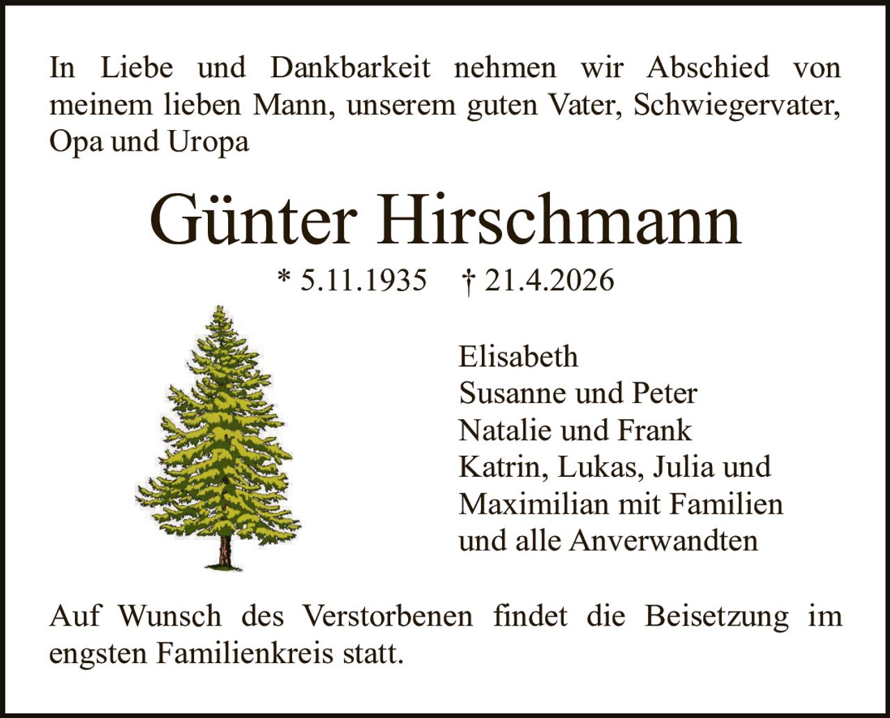 Günter Hirschmann | Traueranzeigen, Nachrufe & Danksagungen auf BZtrauer.de