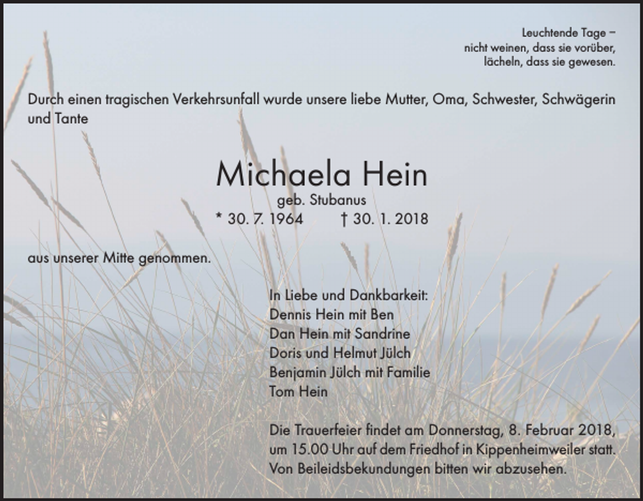 Michaela Hein | Traueranzeigen, Nachrufe & Danksagungen auf BZtrauer.de