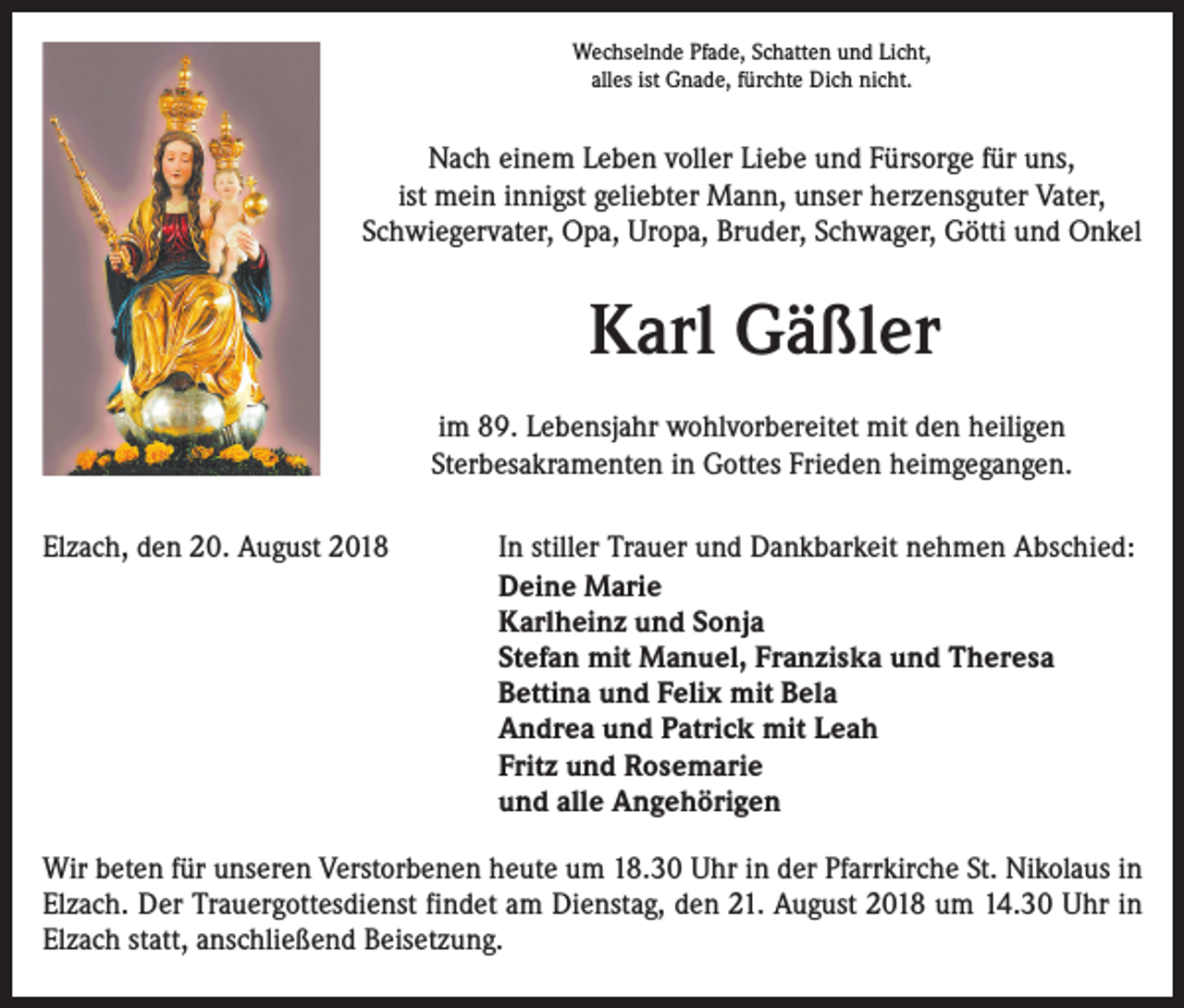 Karl Gäßler | Traueranzeigen, Nachrufe & Danksagungen auf BZtrauer.de