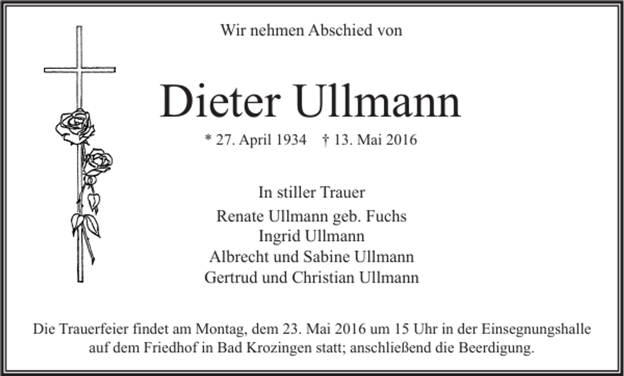 Dieter Ullmann | Traueranzeigen, Nachrufe & Danksagungen auf BZtrauer.de