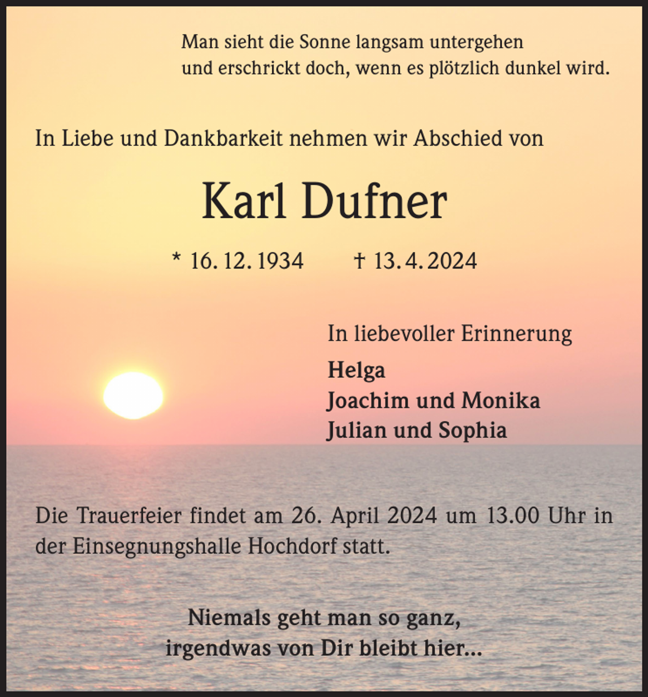 Karl Dufner | Traueranzeigen, Nachrufe & Danksagungen auf BZtrauer.de