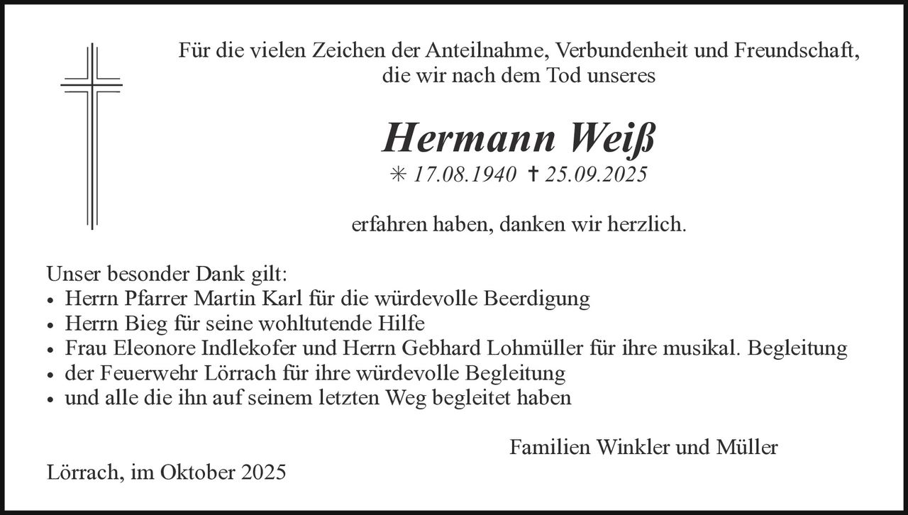Hermann Weiß | Traueranzeigen, Nachrufe & Danksagungen auf BZtrauer.de