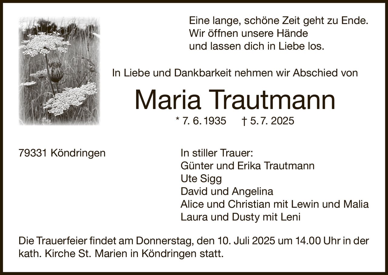 Maria Trautmann | Traueranzeigen, Nachrufe & Danksagungen auf BZtrauer.de