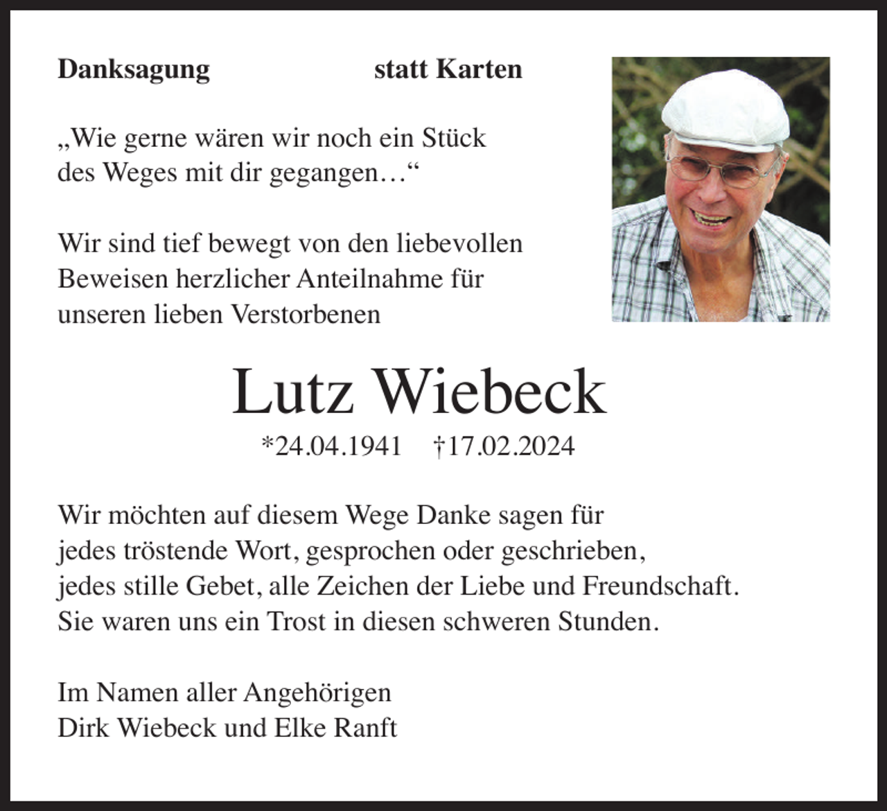 Lutz Wiebeck | Traueranzeigen, Nachrufe & Danksagungen auf BZtrauer.de