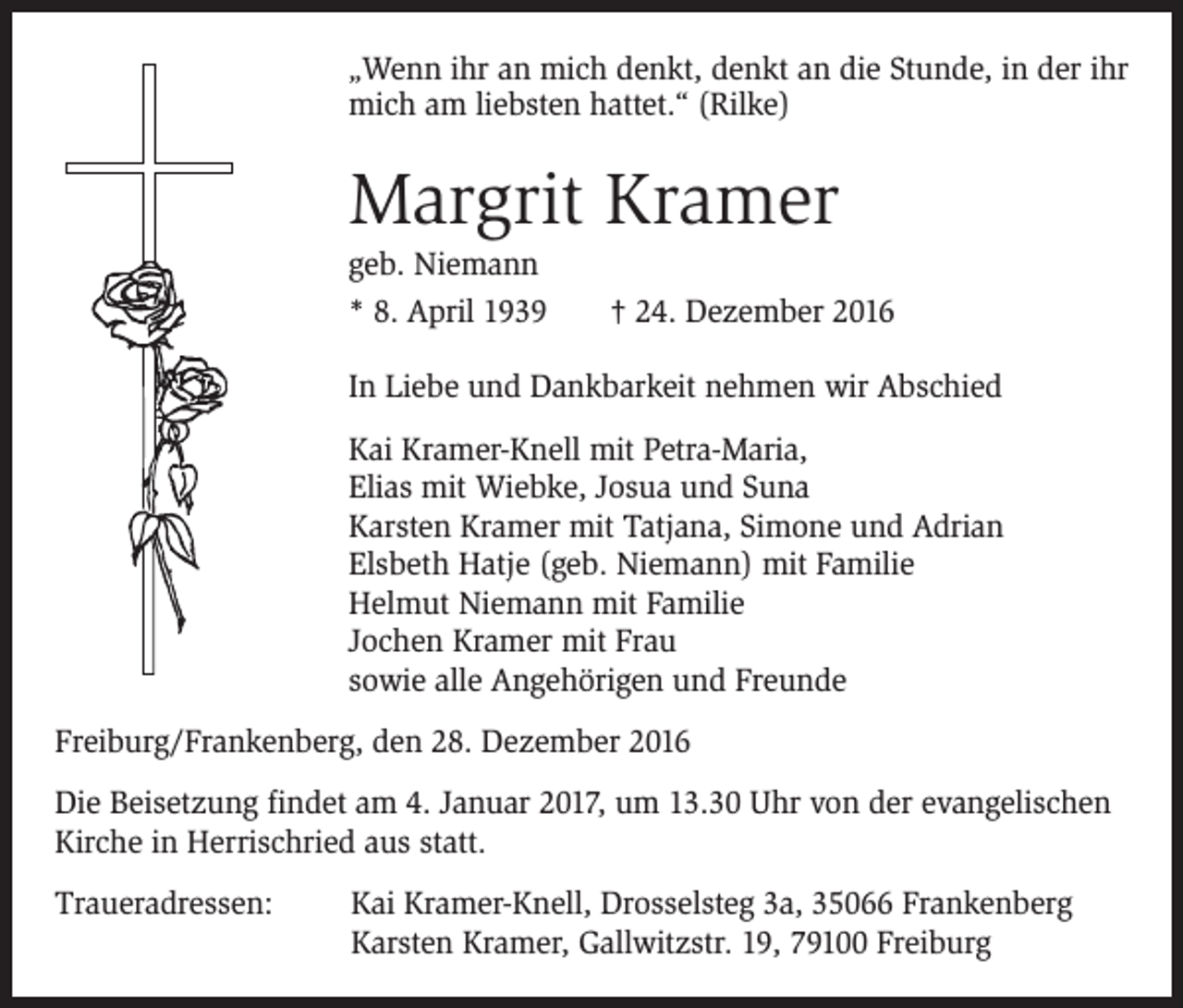 Margrit Kramer | Traueranzeigen, Nachrufe & Danksagungen auf BZtrauer.de