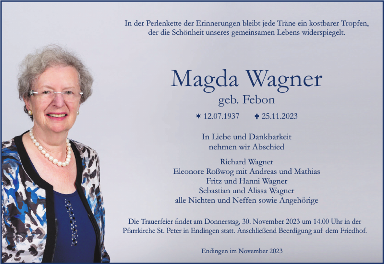 Magda Wagner | Traueranzeigen, Nachrufe & Danksagungen auf BZtrauer.de