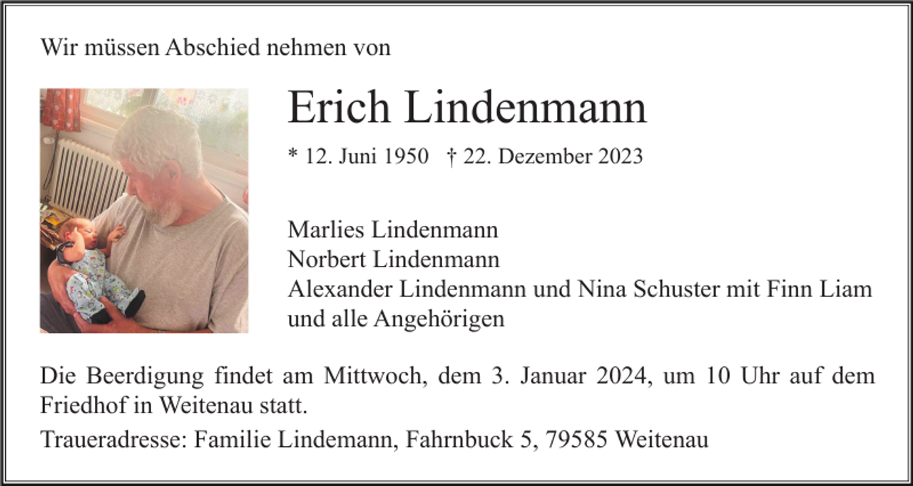 Erich Lindenmann | Traueranzeigen, Nachrufe & Danksagungen auf BZtrauer.de