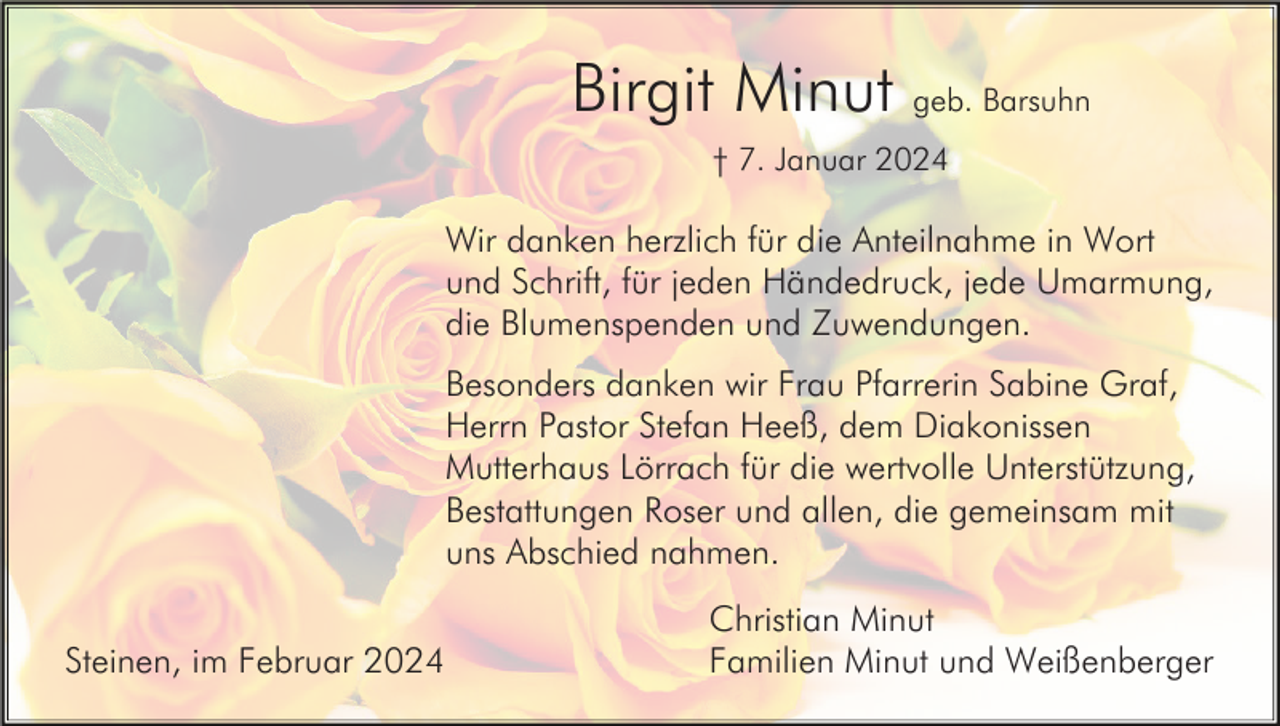 Birgit Minut | Traueranzeigen, Nachrufe & Danksagungen auf BZtrauer.de
