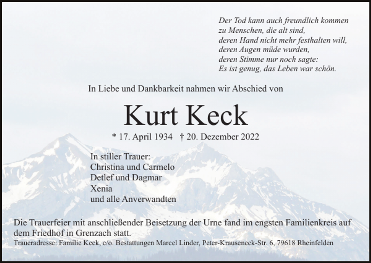 Kurt Keck | Traueranzeigen, Nachrufe & Danksagungen auf BZtrauer.de