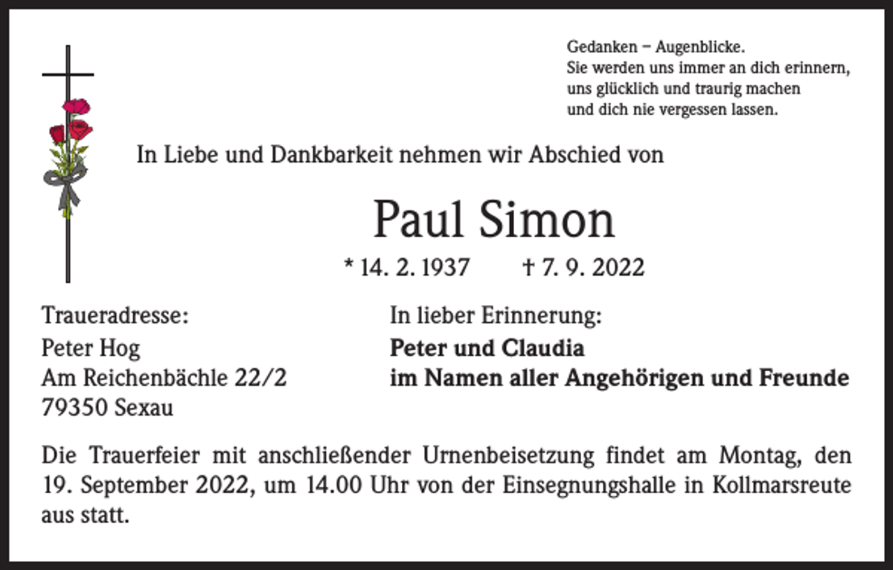 Paul Simon | Traueranzeigen, Nachrufe & Danksagungen auf BZtrauer.de
