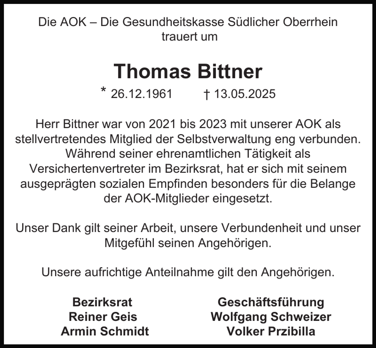 Thomas Bittner | Traueranzeigen, Nachrufe & Danksagungen auf BZtrauer.de