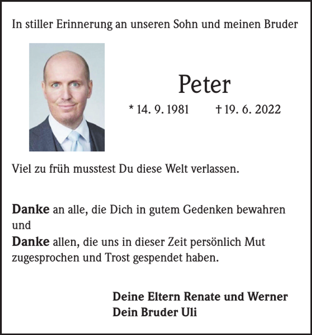 Peter Windorfer | Traueranzeigen, Nachrufe & Danksagungen auf BZtrauer.de